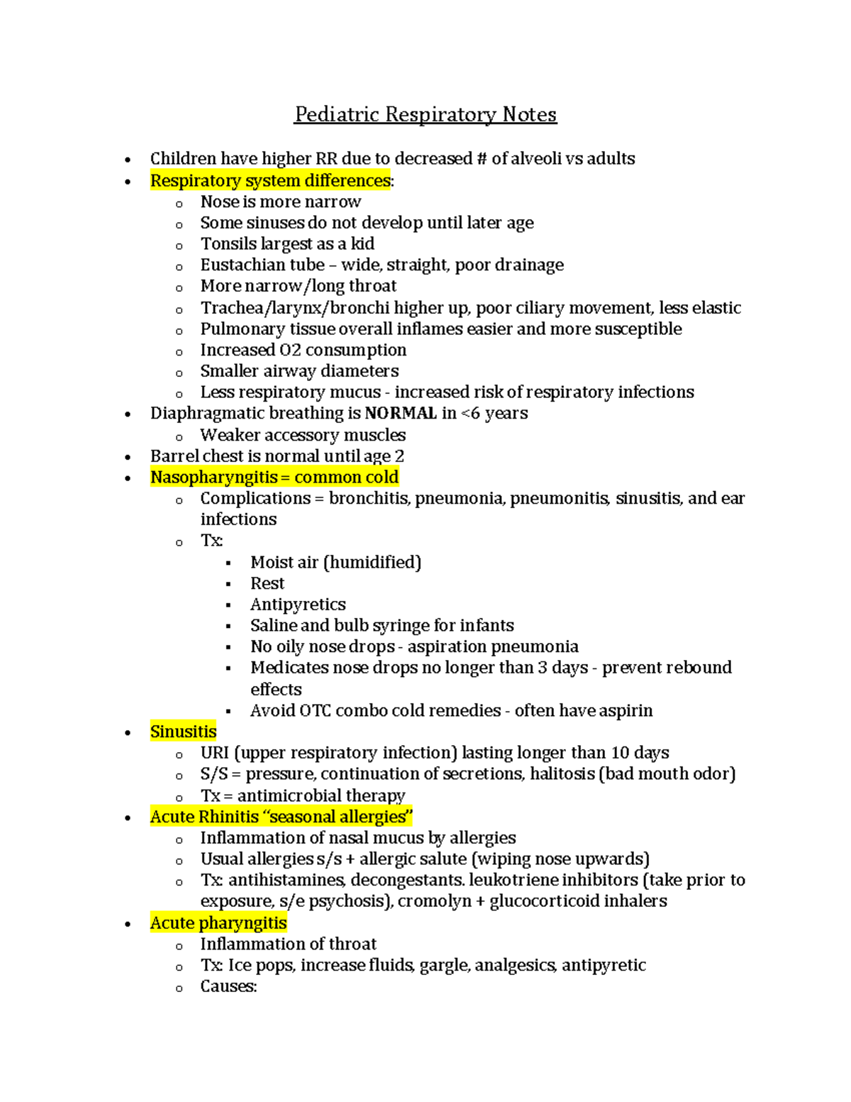 Peds Respiratory (25) - Chapter 25 - Pediatric Respiratory Notes ...