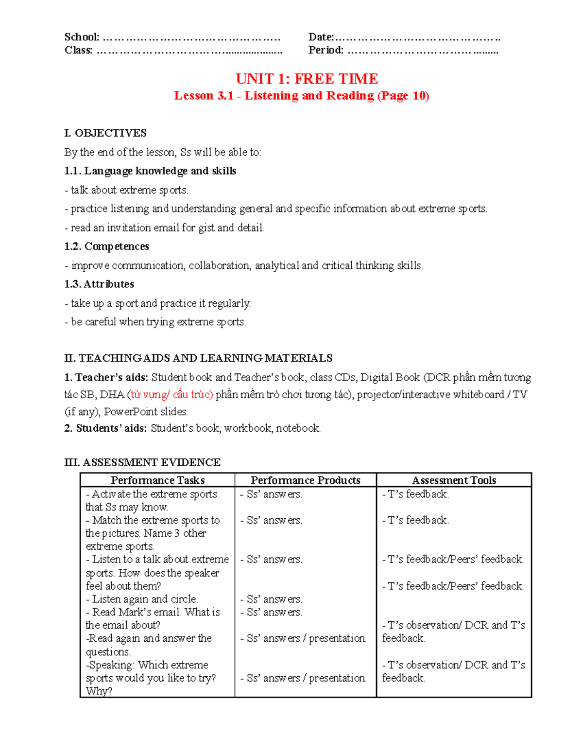 UNIT 1 - Lesson 3 - PART 1 - Listening and Reading - School: - Studocu