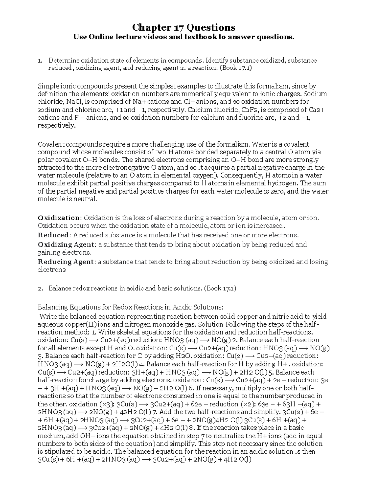 Chapter 17 Questions - Lecture notes 1 - Use Online lecture videos and ...