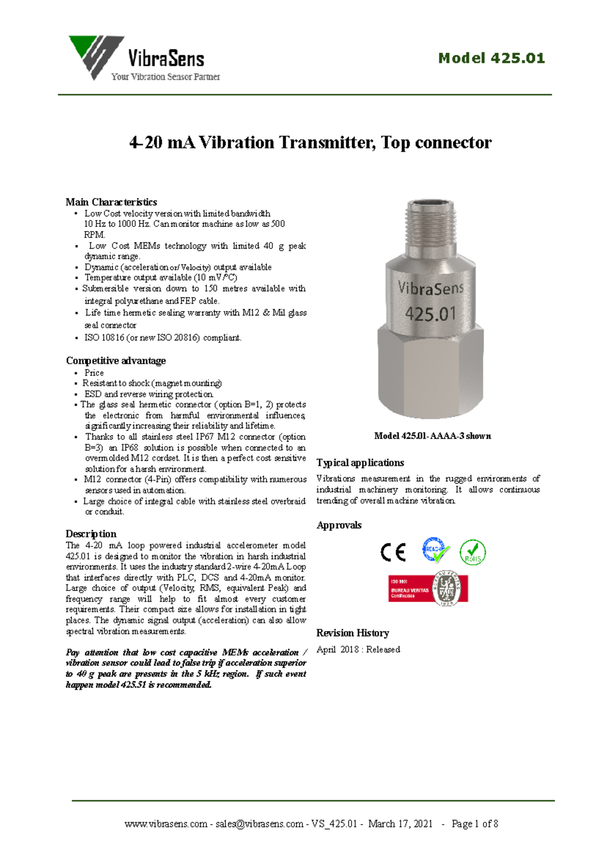 VIBRATION SENSOR - 4-20 mA Vibration Transmitter, Top connector Main ...