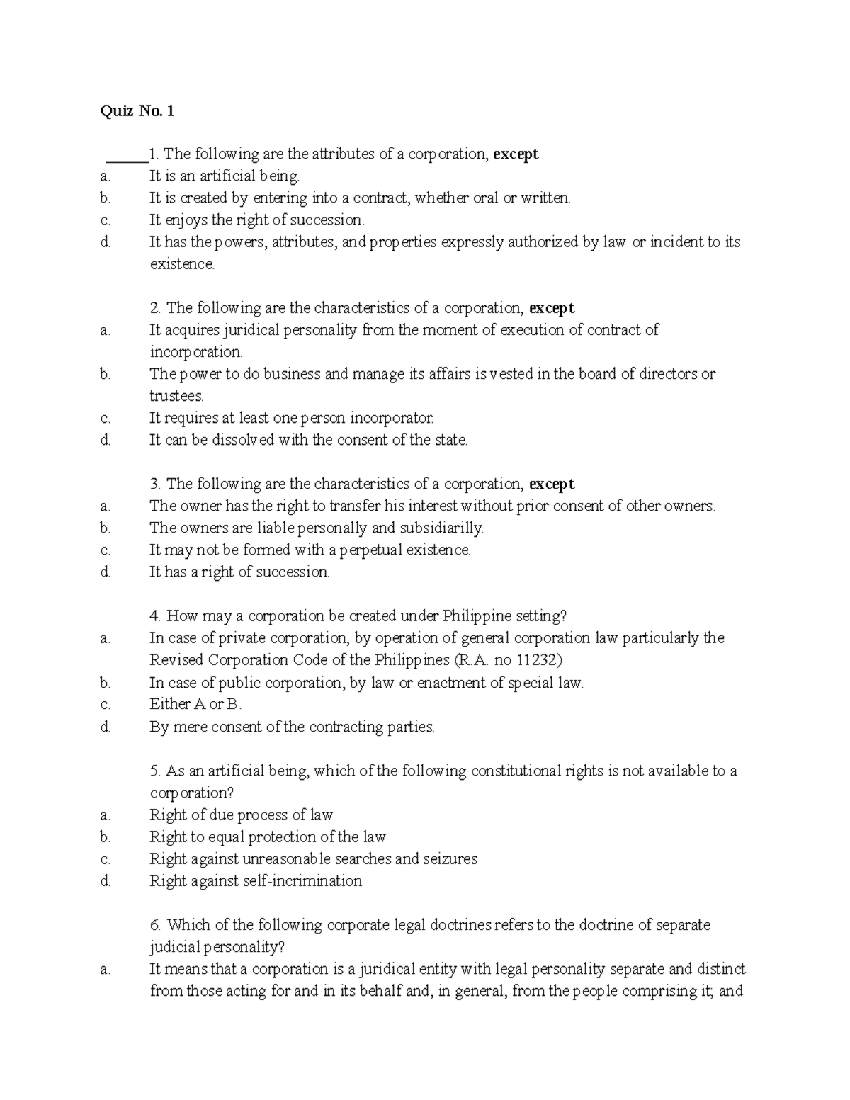 Inbound 34848670882035220 - Quiz No. 1 _____1. The following are the ...