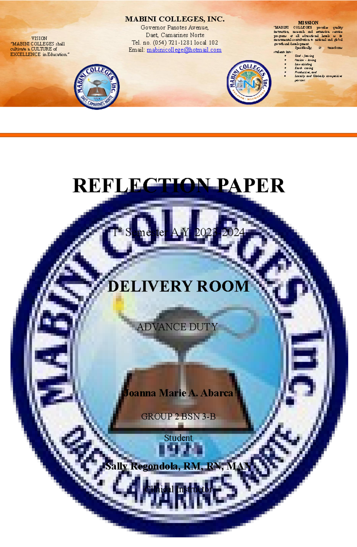 Joanna DR Reflection Paper - MABINI COLLEGES, INC. Governor Panotes ...