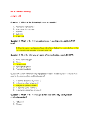 Bio 301- Molecular Biology - Bio 301- Molecular Biology Assignment 3 ...