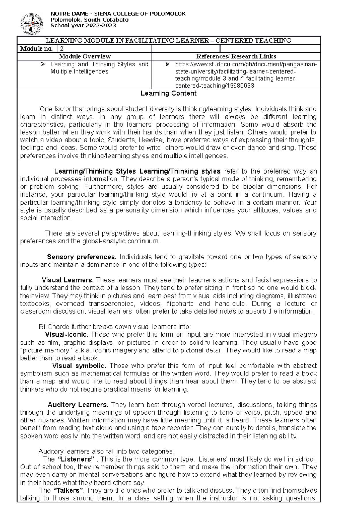 Module 2 - Hope it can help - LEARNING MODULE IN FACILITATING LEARNER ...