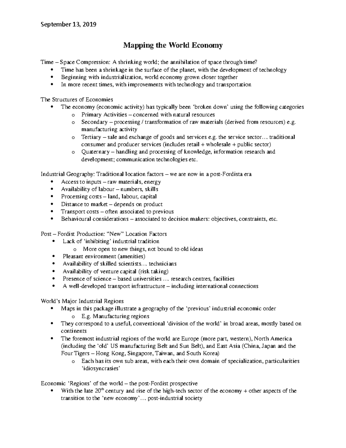 Lecture 4 - Mapping the World Economy - September 13, 2019 Mapping the ...