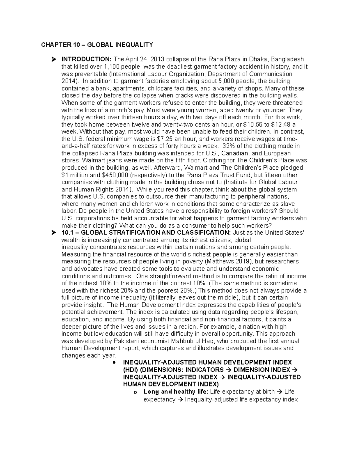 Chapter 10 Socio Notes - CHAPTER 10 – GLOBAL INEQUALITY INTRODUCTION ...