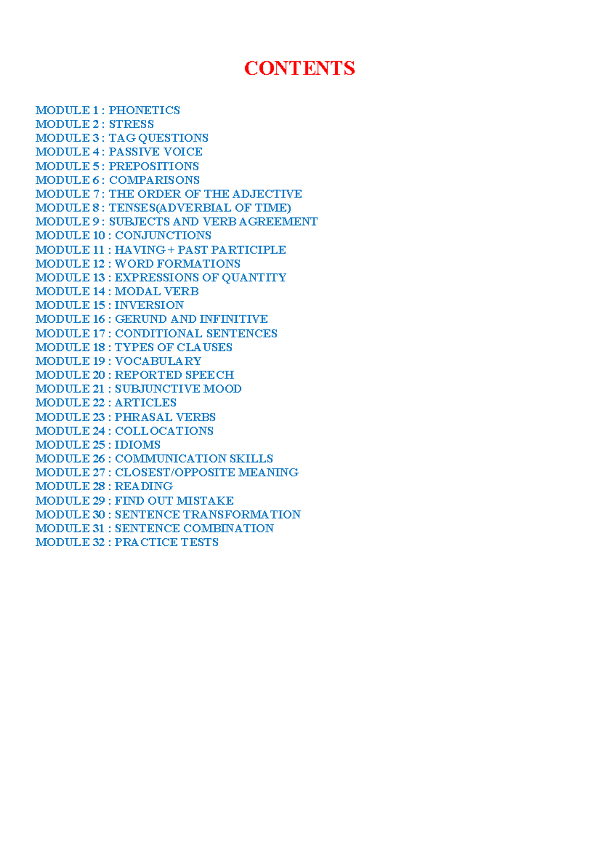 CAC Chuyen DE ON TAP - mnxsxv - CONTENTS MODULE 1 : PHONETICS MODULE 2 : STRESS MODULE 3 : TAG ...