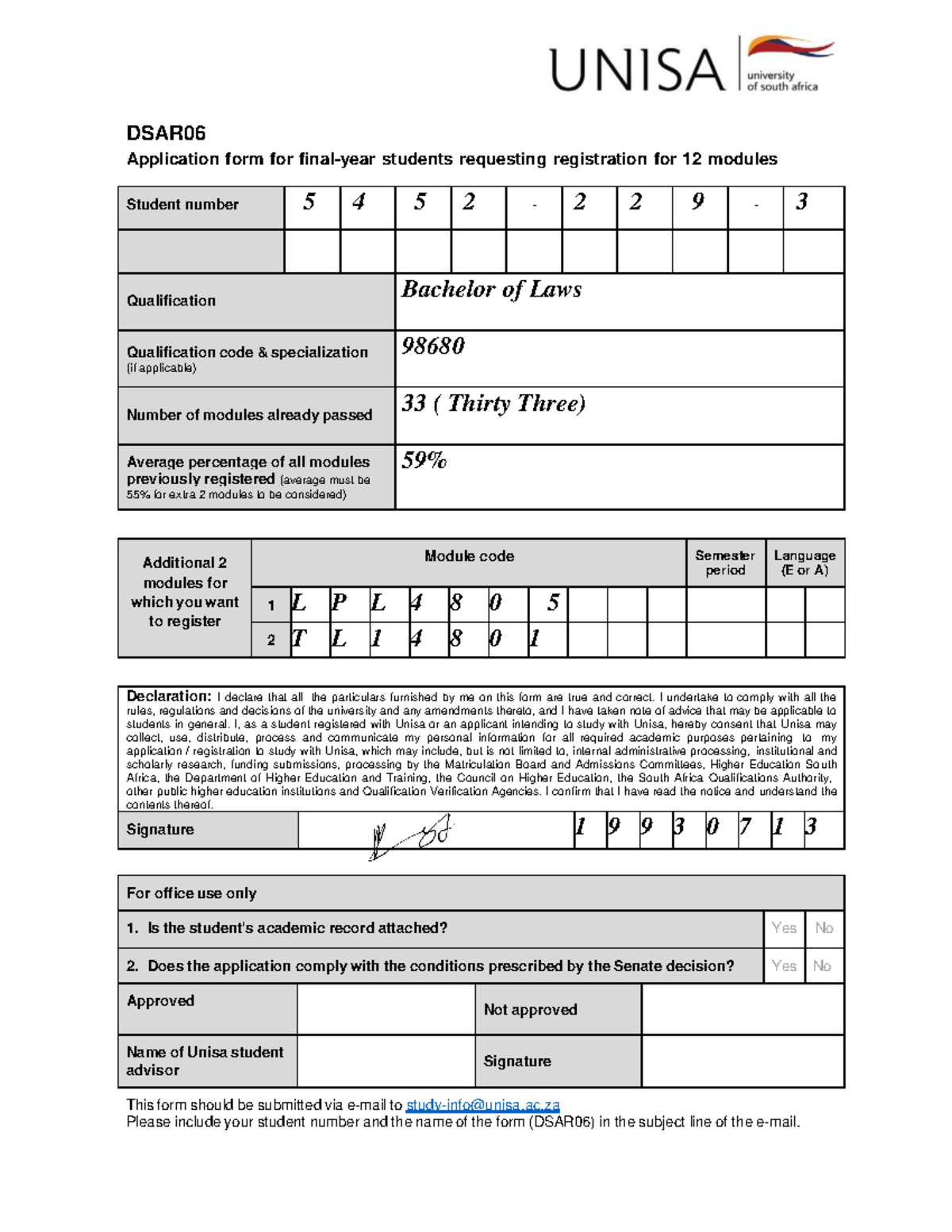 Unisa-DSAR06-for 54522293 - DSAR Application form for final-year ...