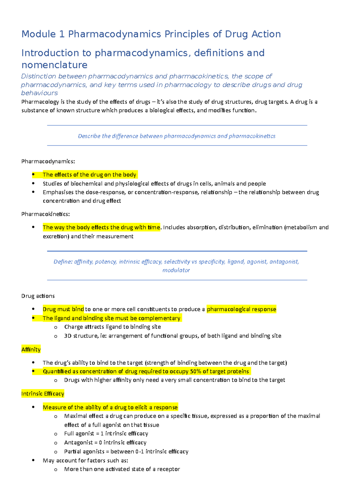 Module 1 Summary Pharmacodynamics Principles of Drug Action - Module 1 ...