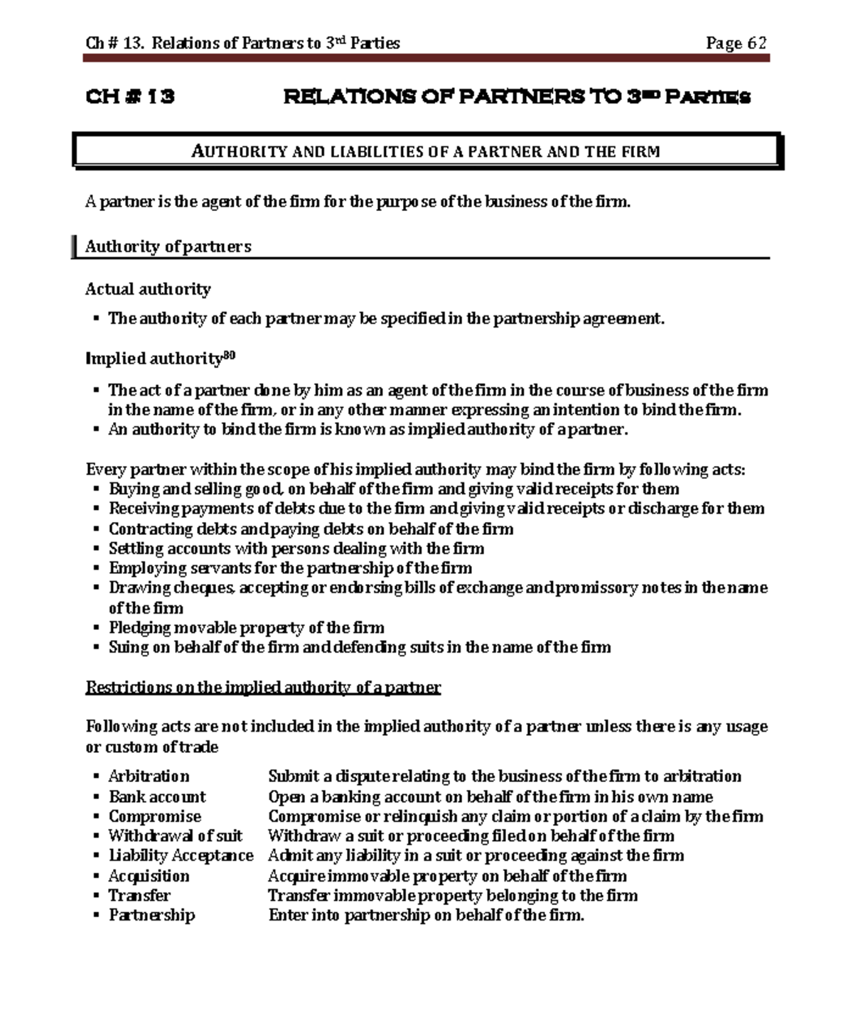 Chapter # 13 - Notes - CH # 13 RELATIONS OF PARTNERS TO 3 rd Parties ...