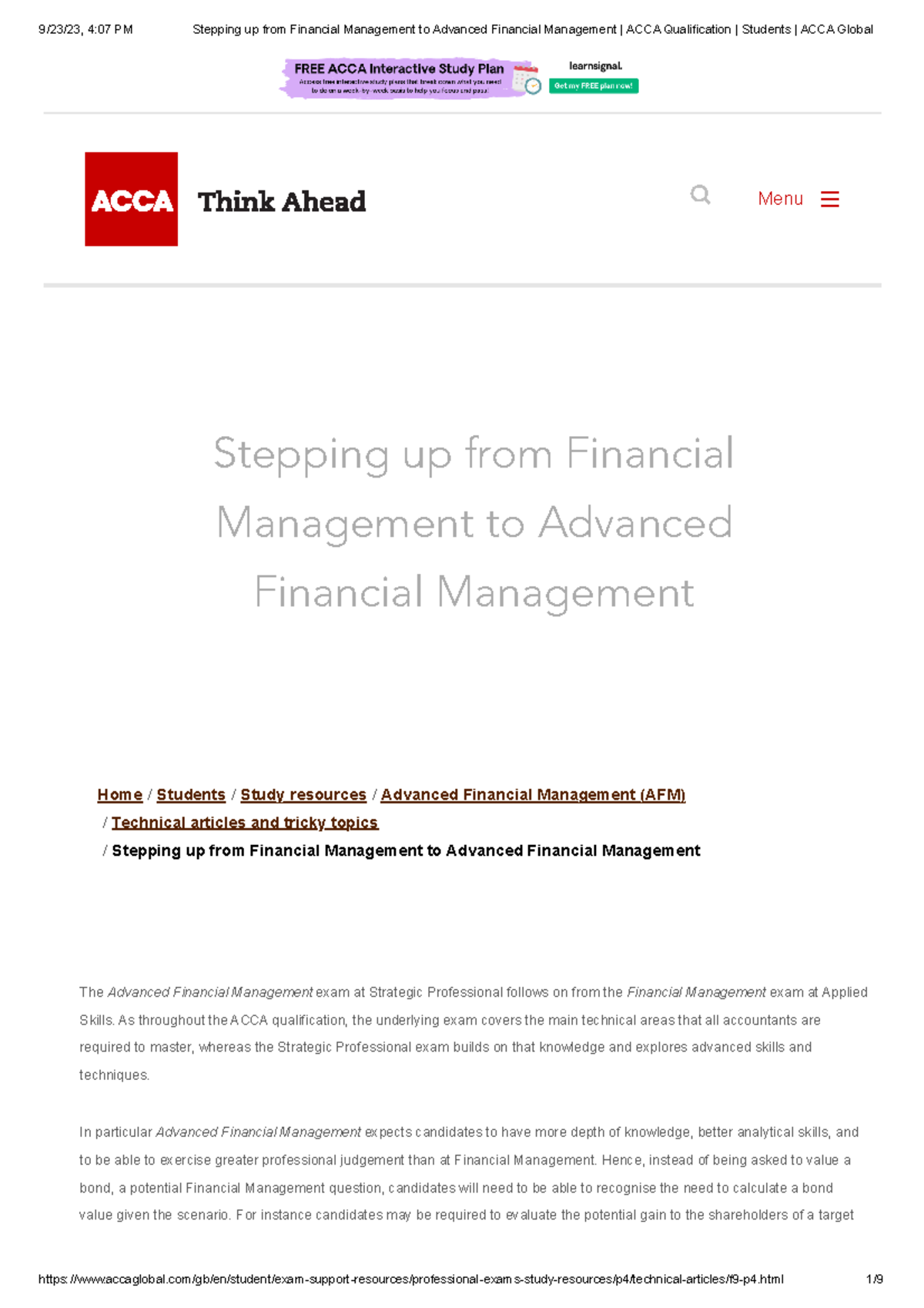 Stepping up from Financial Management to Advanced Financial Management ...