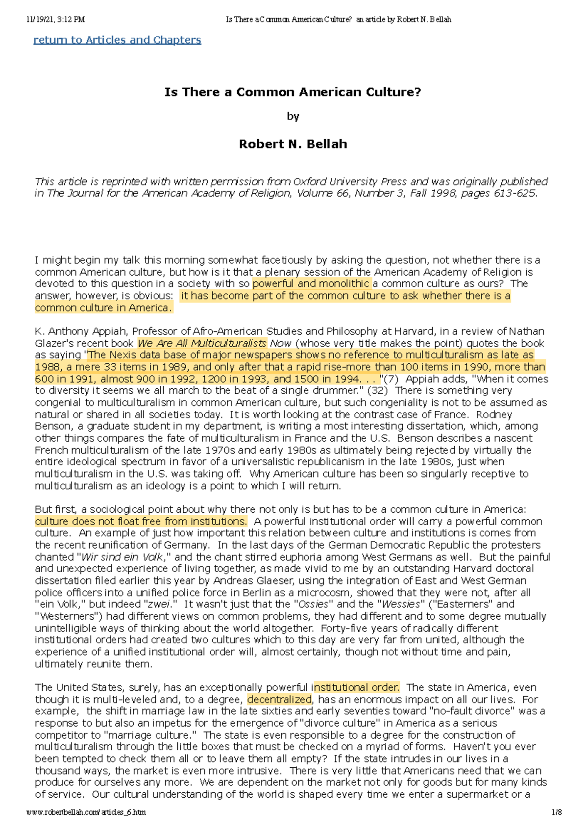 Is There a Common American Culture an article by Robert N. Bellah ...