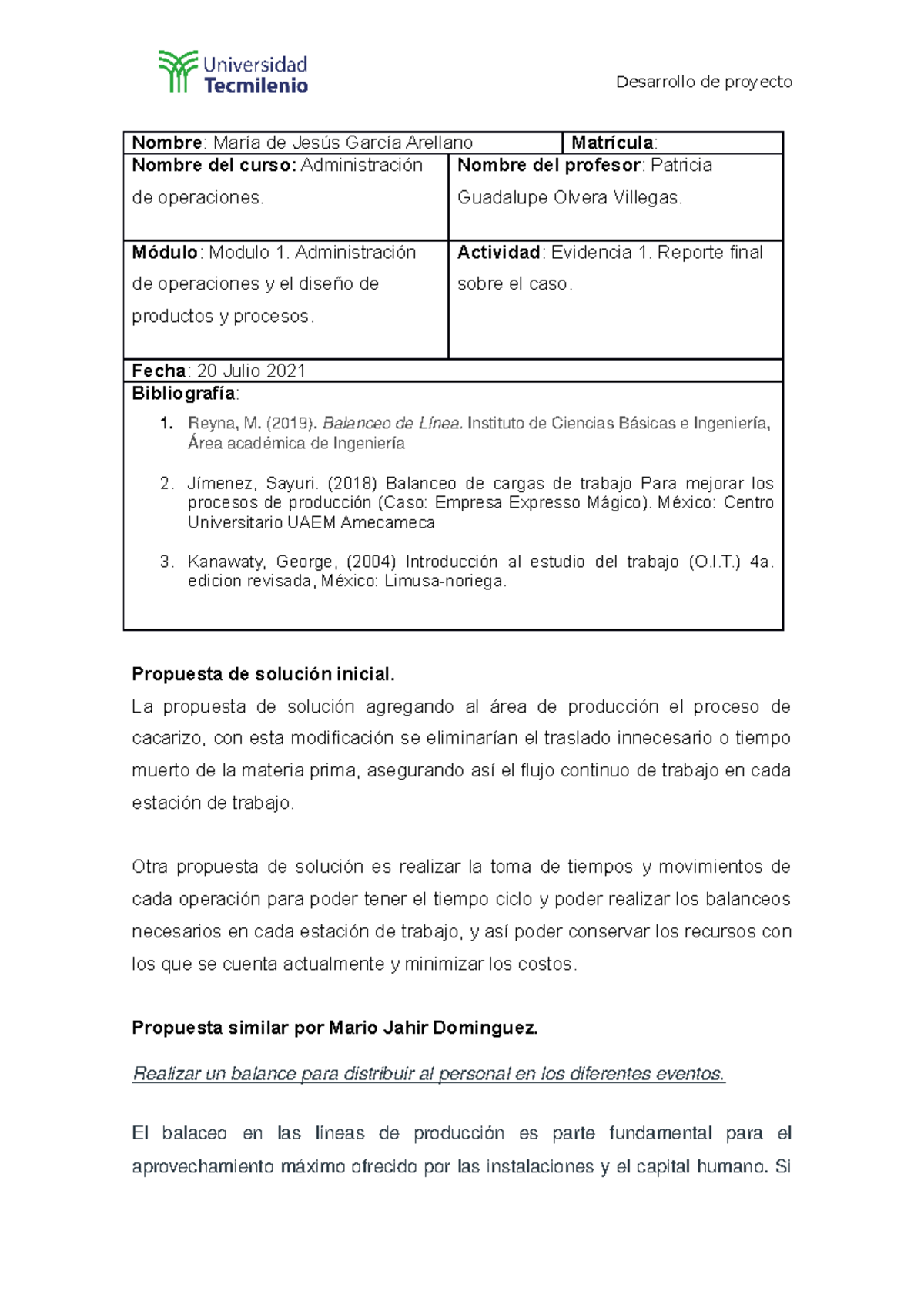 Evidencia 1 maestría, materia administración de operaciones - Nombre : María de Jesús García ...