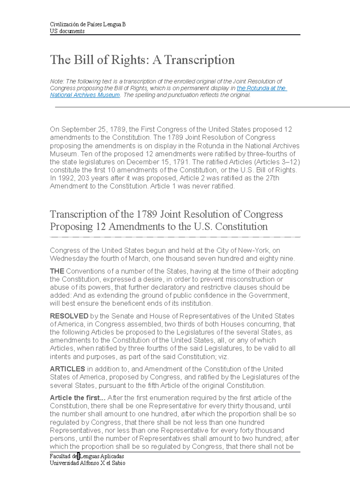 Bill of Rights - transcript - US documents The Bill of Rights: A ...