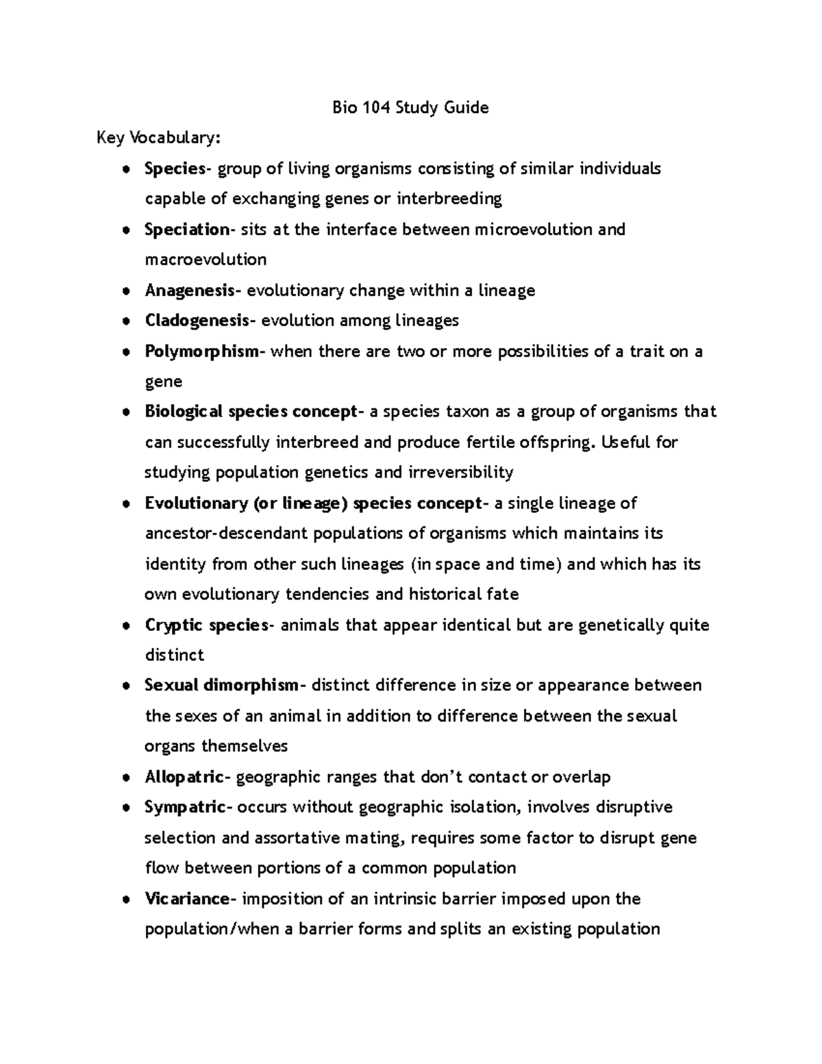 Bio 104 Midterm Study Guide - Bio 104 Study Guide Key Vocabulary ...