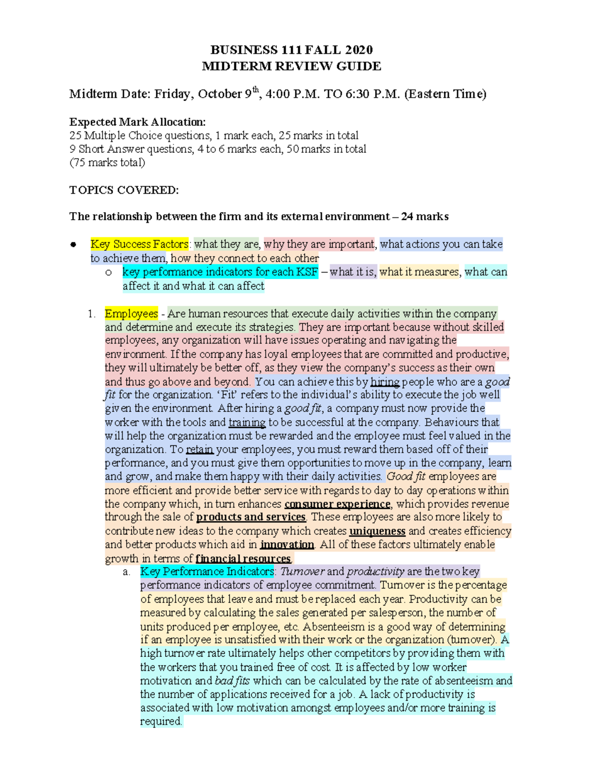 BU111 Midterm Outline Notes - BUSINESS 111 FALL 2020 MIDTERM REVIEW ...