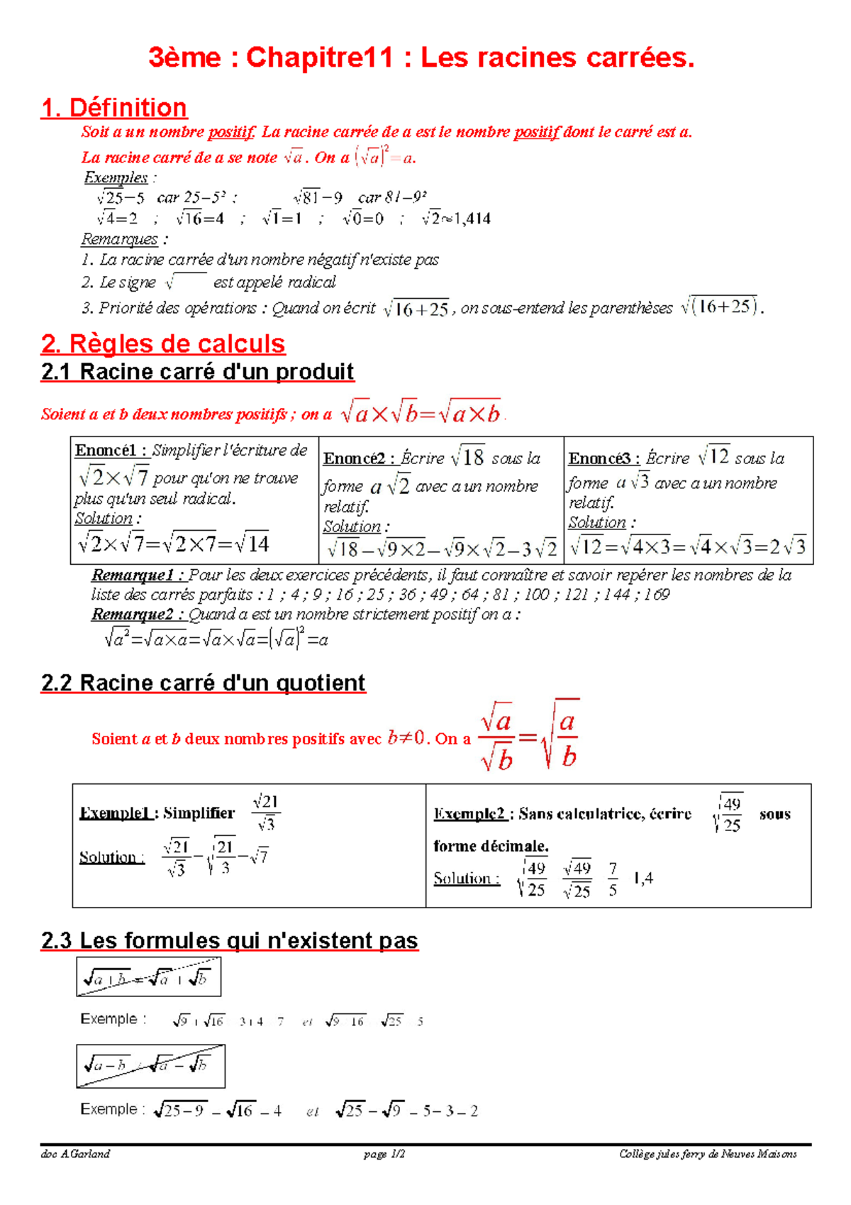 Cours racines carrees - 3ème : Chapitre11 : Les racines carrées. 1 ...
