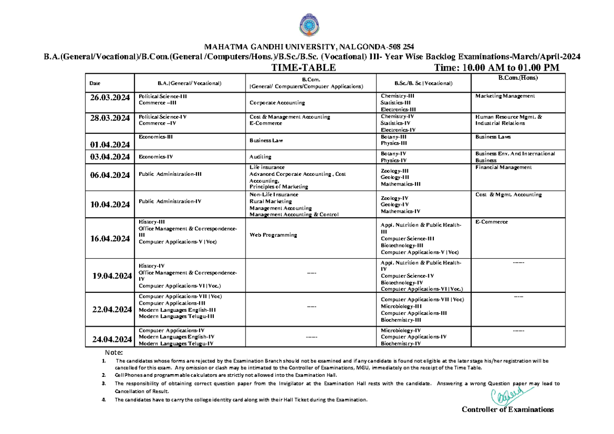 UG Year Wise Backlog Time Table - MAHATMA GANDHI UNIVERSITY, NALGONDA ...