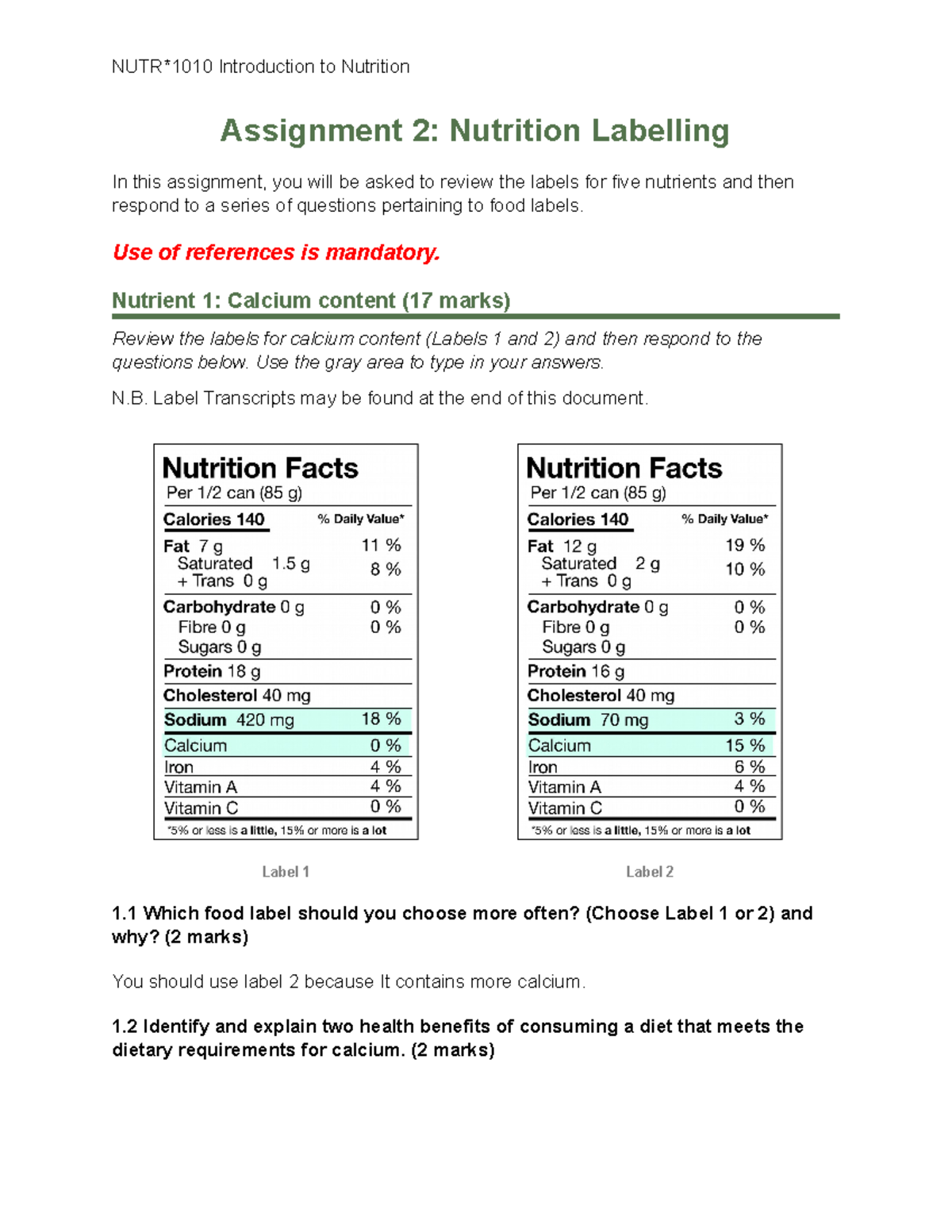 NUTR1010 asg #2 - assignemnt 2 nutr - Assignment 2: Nutrition Labelling ...