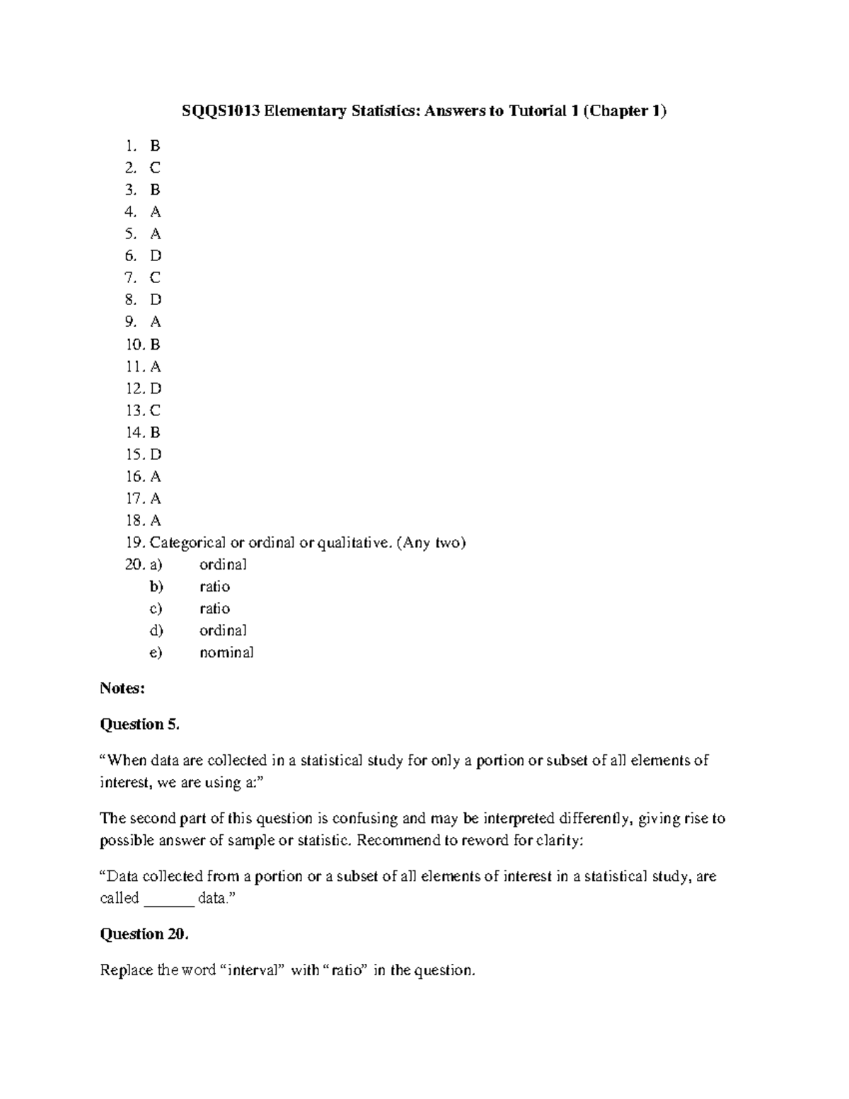 Chp1 Tut1 Ans - Notes - SQQS1013 Elementary Statistics: Answers to ...