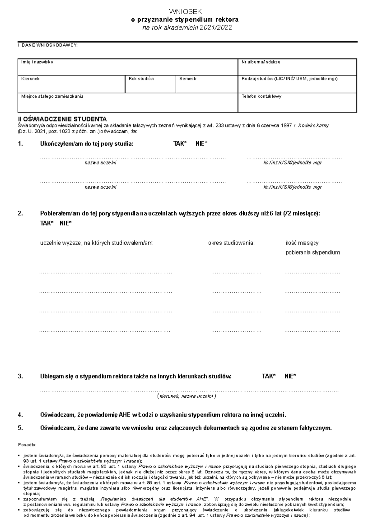 Zał. 5 Wniosek o stypendium rektora na rok akad 21 22 - Ekologistyka ...