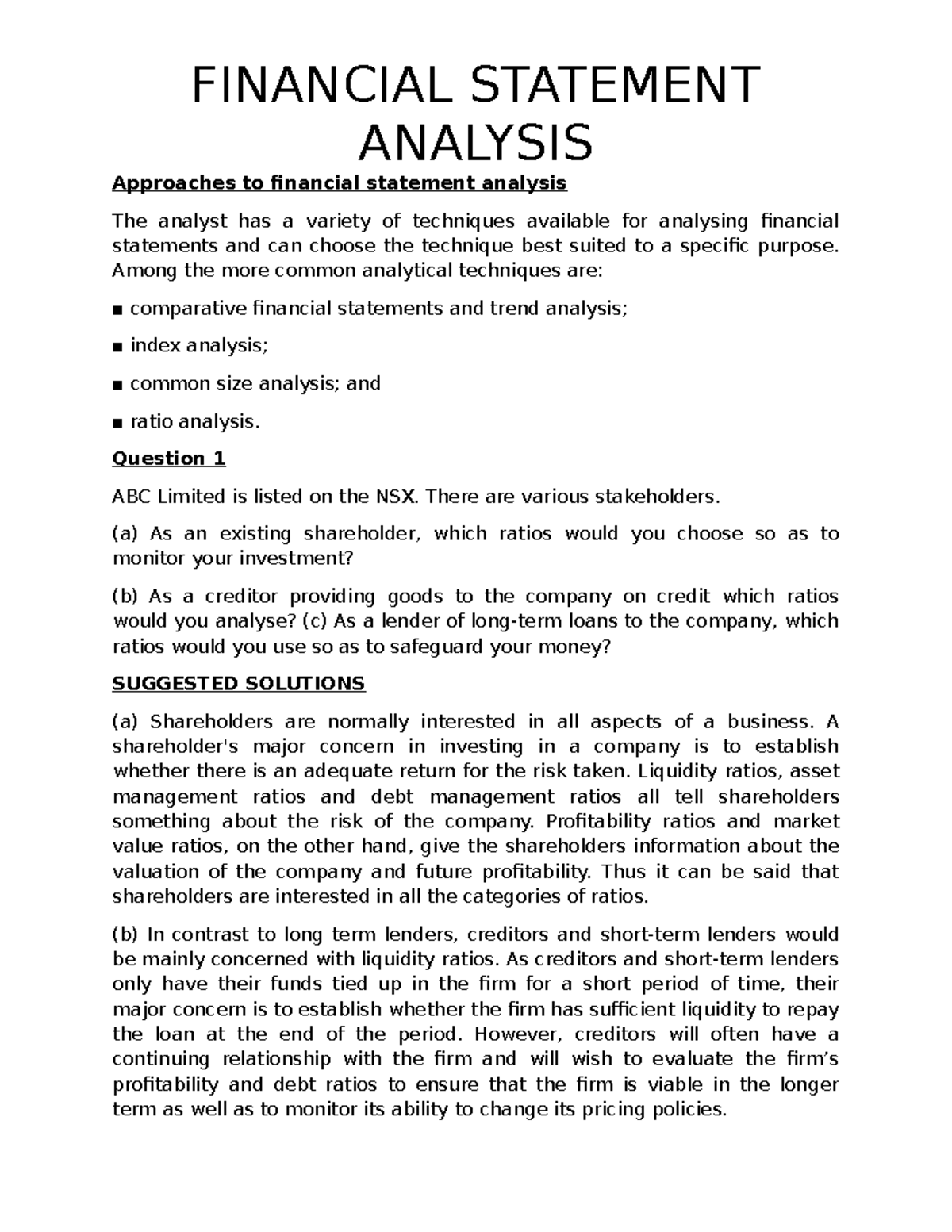 Approaches to financial statement analysis - ANALYSIS Approaches to ...