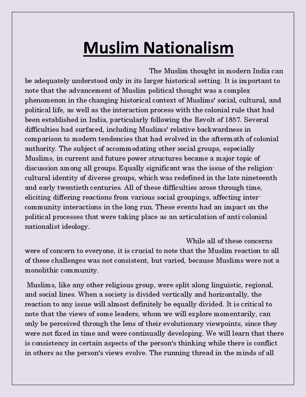 Muslim Nationalism F - assignment - Muslim Nationalism The Muslim ...