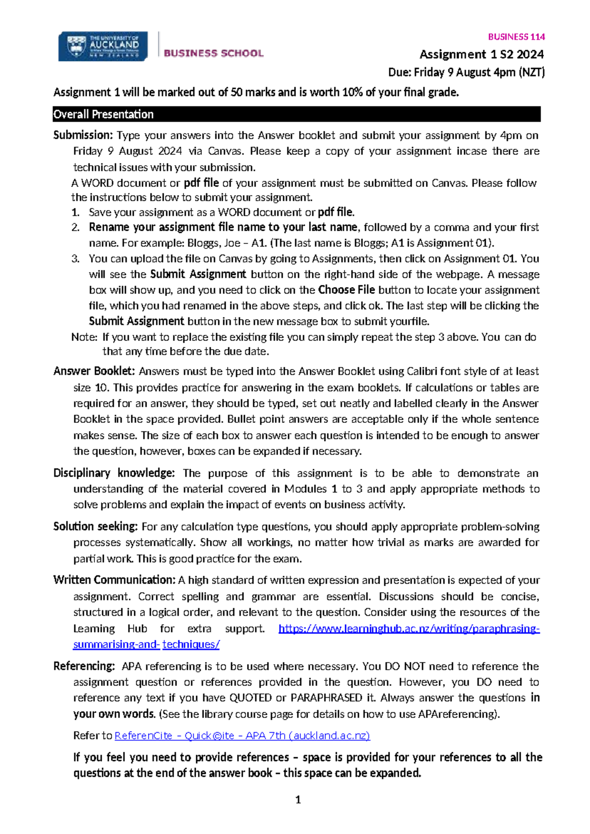 BUS114 Assignment 01 S2 2024 - Questions - BUSINESS 114 Assignment 1 S2 2024 Due: Friday 9 ...