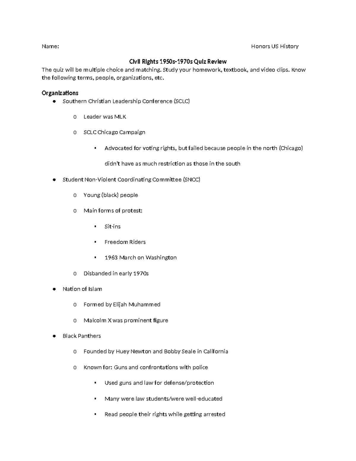 Civil Rights Movement Quiz Review - Honors US History - Name: Honors US ...