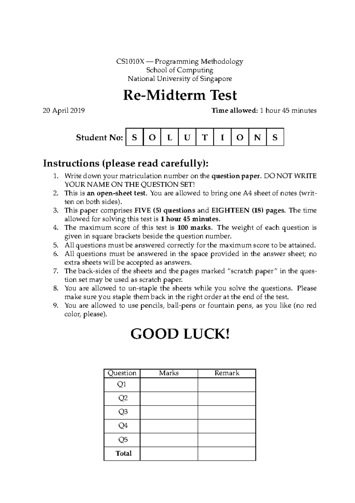 2019 redmidterms cs1010x - CS1010X — Programming Methodology School of ...