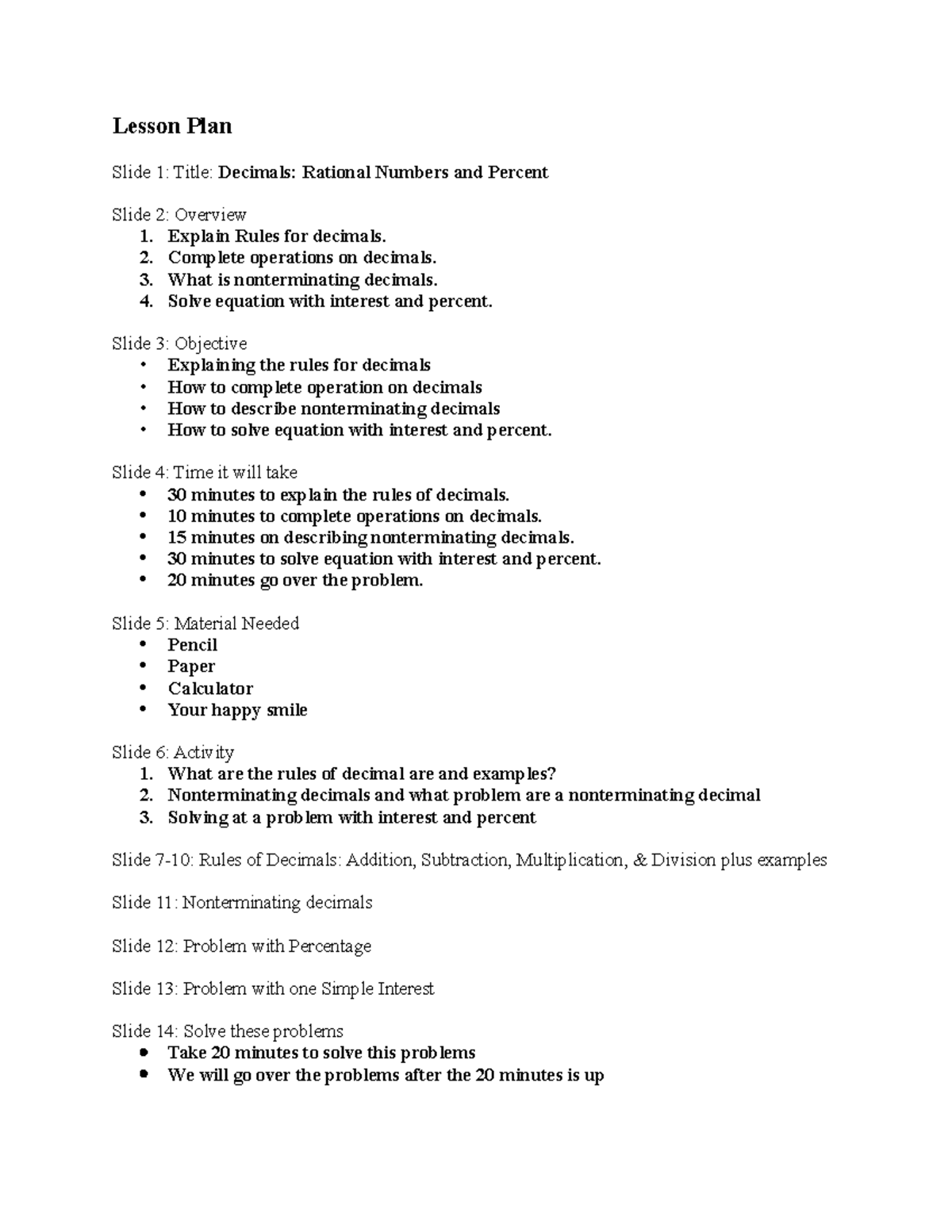 Final Lesson Plan - Lesson Plan Slide 1: Title: Decimals: Rational ...