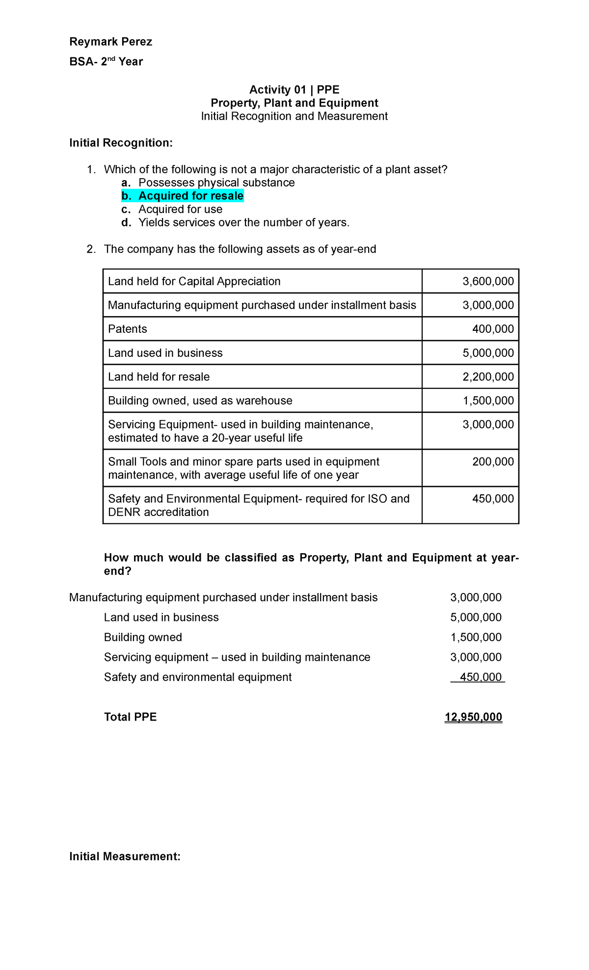 Assignment 01 - N/A - BSA- 2nd Year Activity 01 | PPE Property, Plant ...