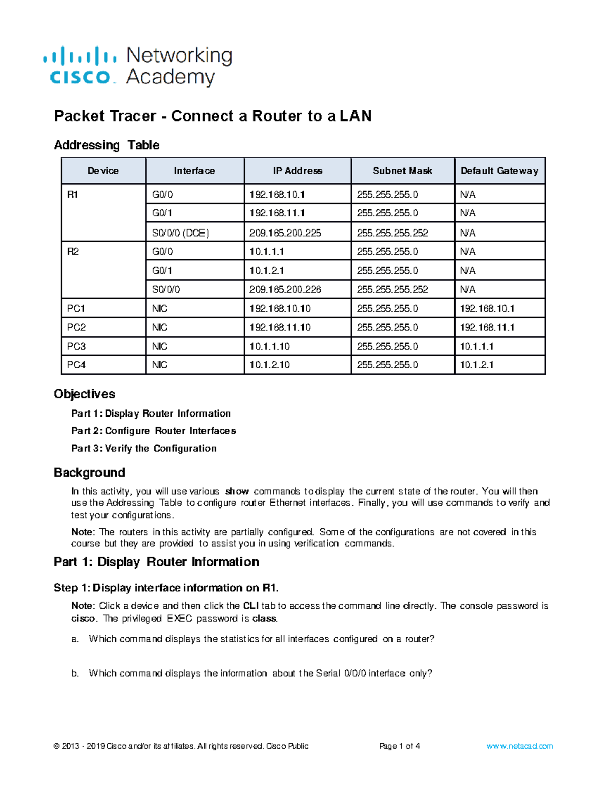 Packet Tracer Walkthrough And Tutorial Addressing Table Device Interface Ip Address Subnet