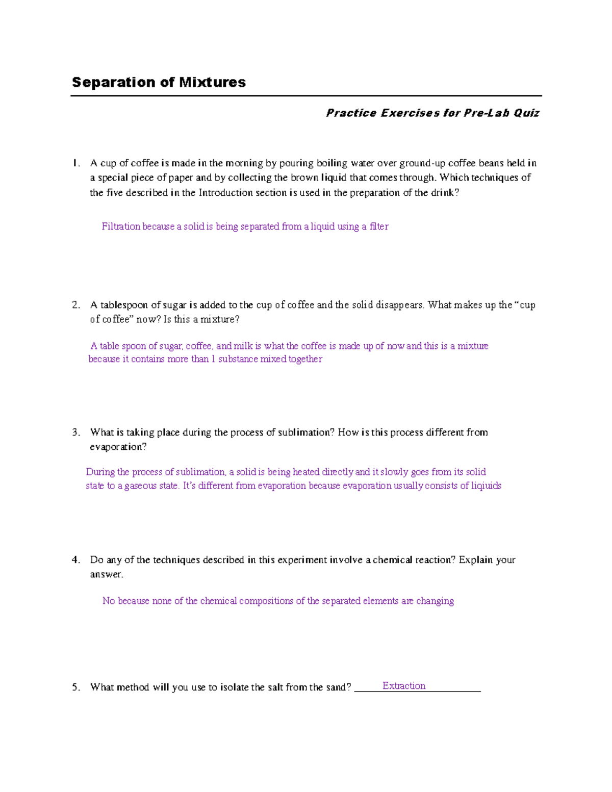 Pre-Lab-Separation of a Mixture - Separation of Mixtures Practice ...