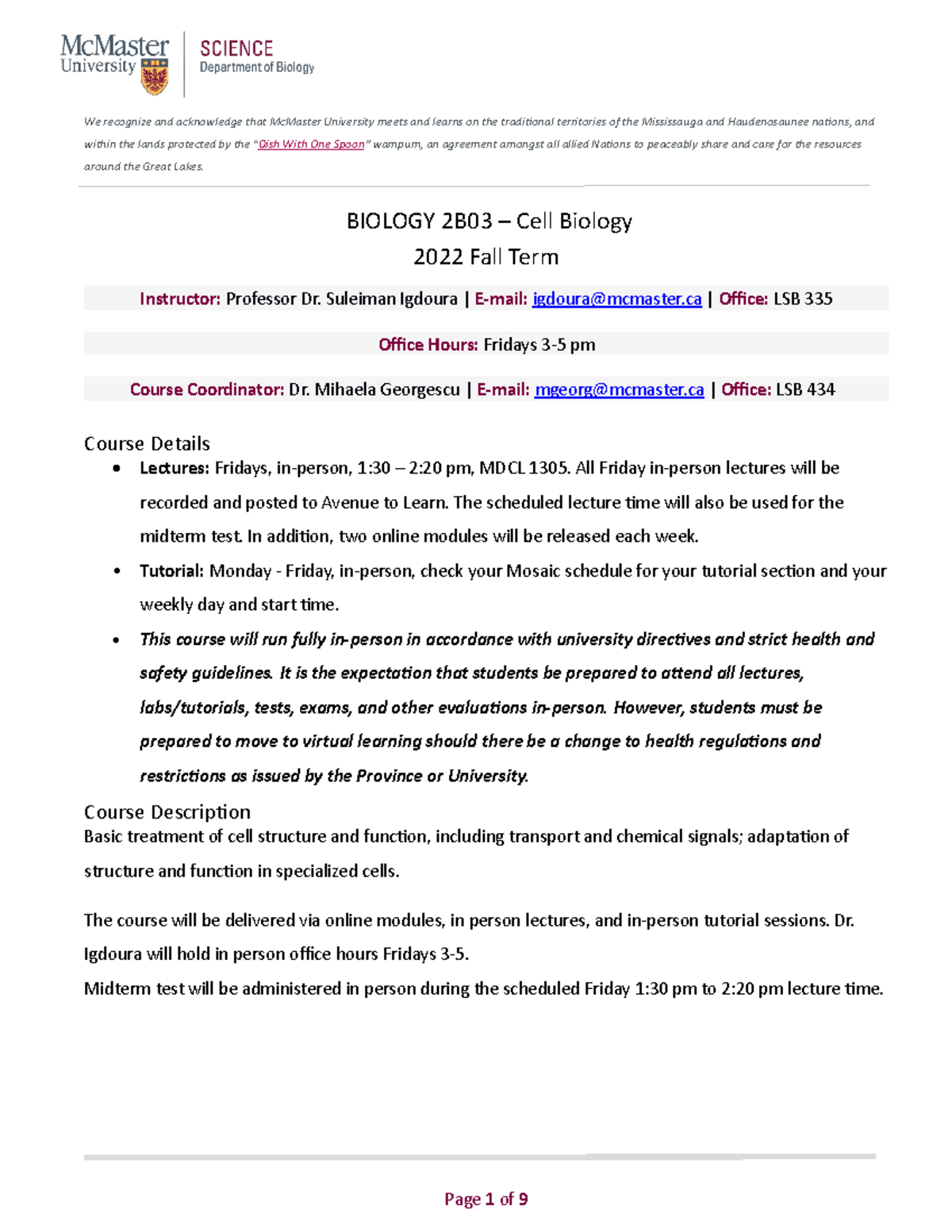 Bio 2B03 F2022 Course outline - We recognize and acknowledge that ...