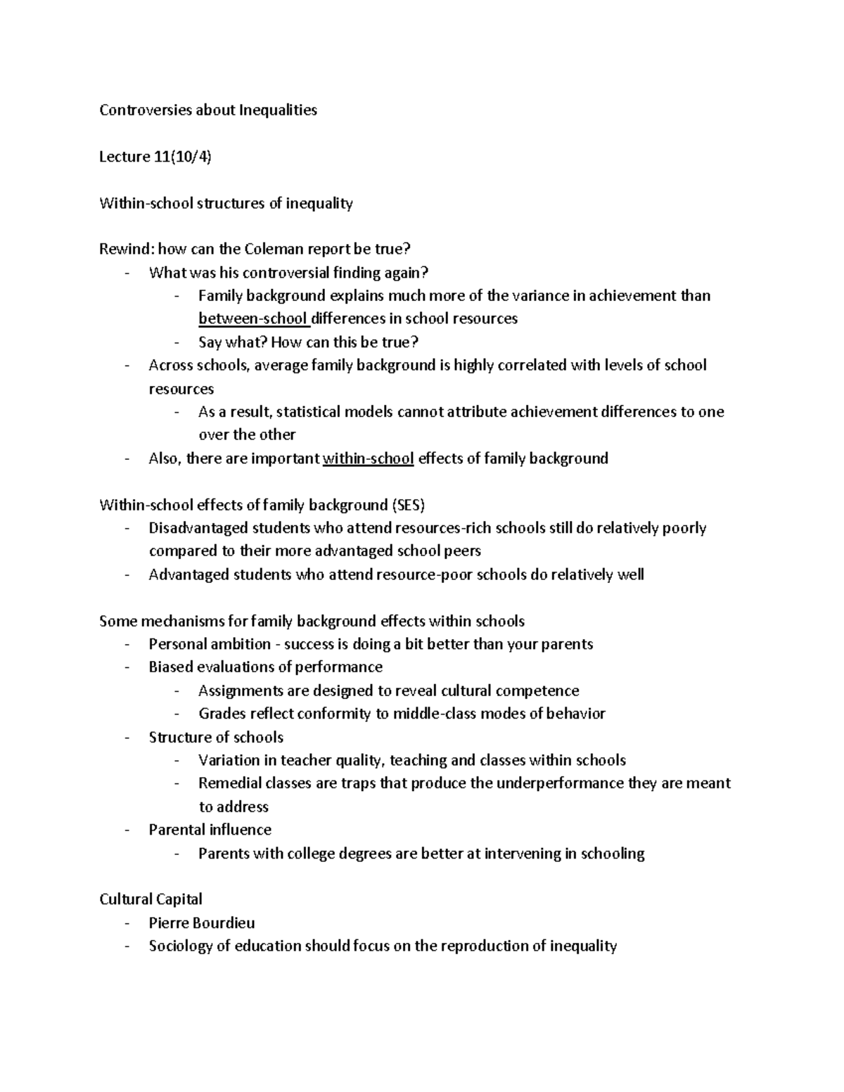 SOC 2220 - Lecture 11 - Controversies about Inequalities Lecture ...