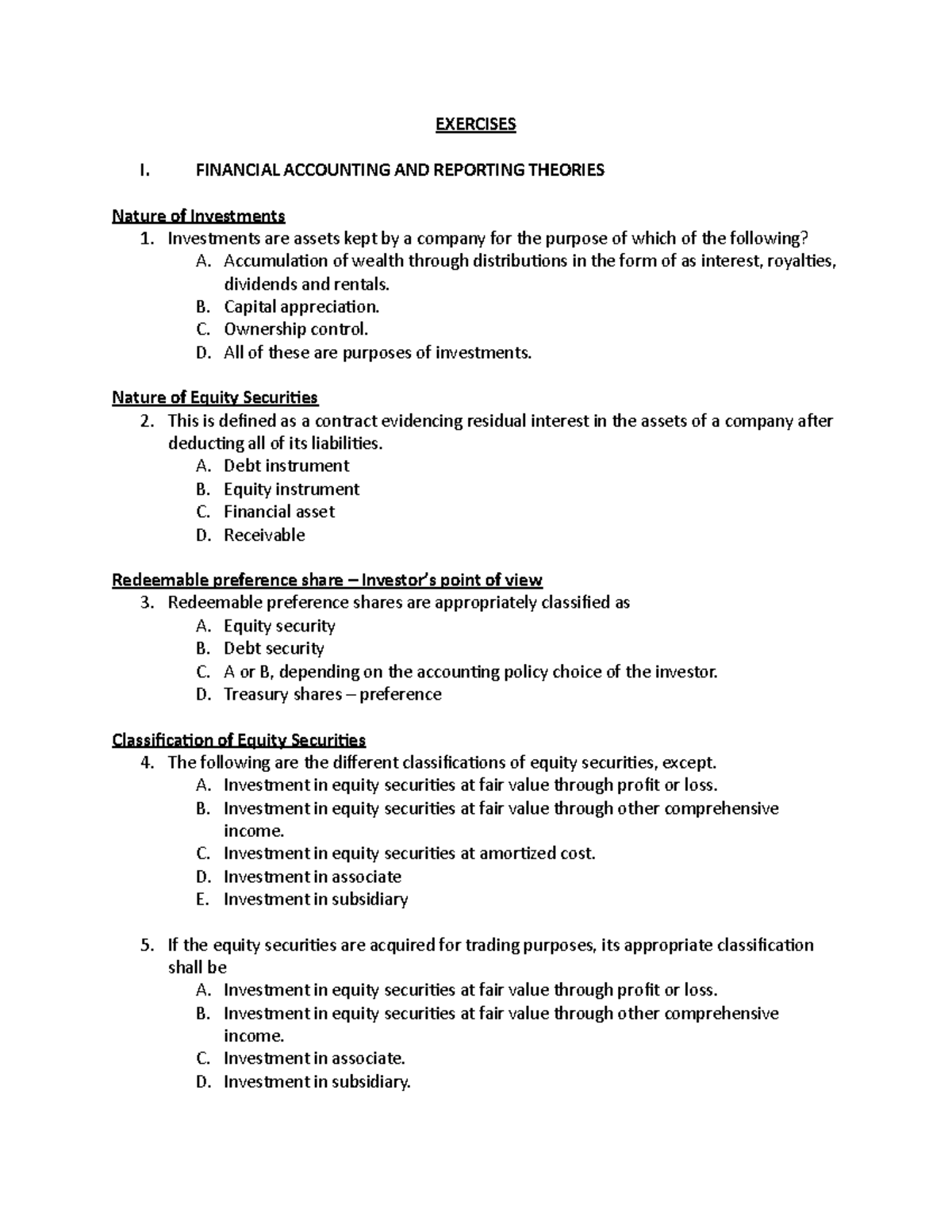 Exercises - Financial Accounting - EXERCISES I. FINANCIAL ACCOUNTING ...