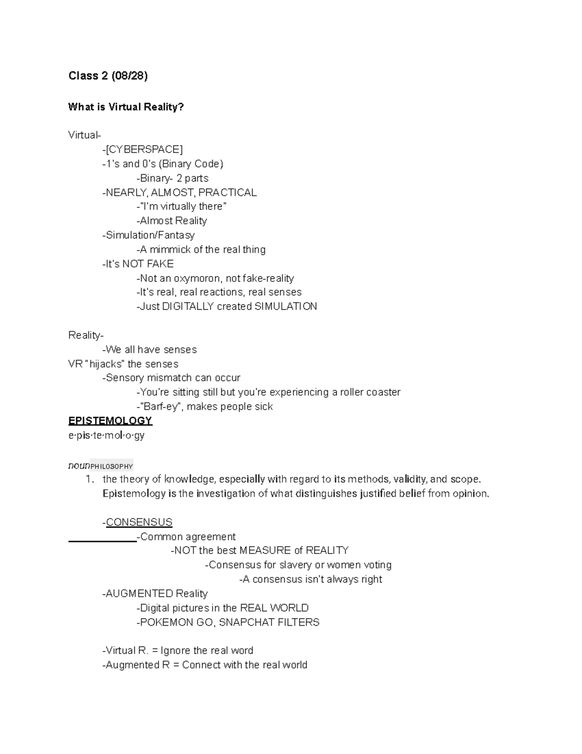 Understanding Virtual Reality ECT 1200 Notes - Class 2 (08/28) What is ...