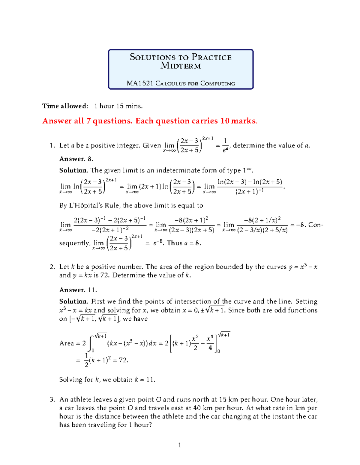 Solutions to Practice Midterm - Solutions to Practice Midterm MA1521 Calculus for Computing Time ...