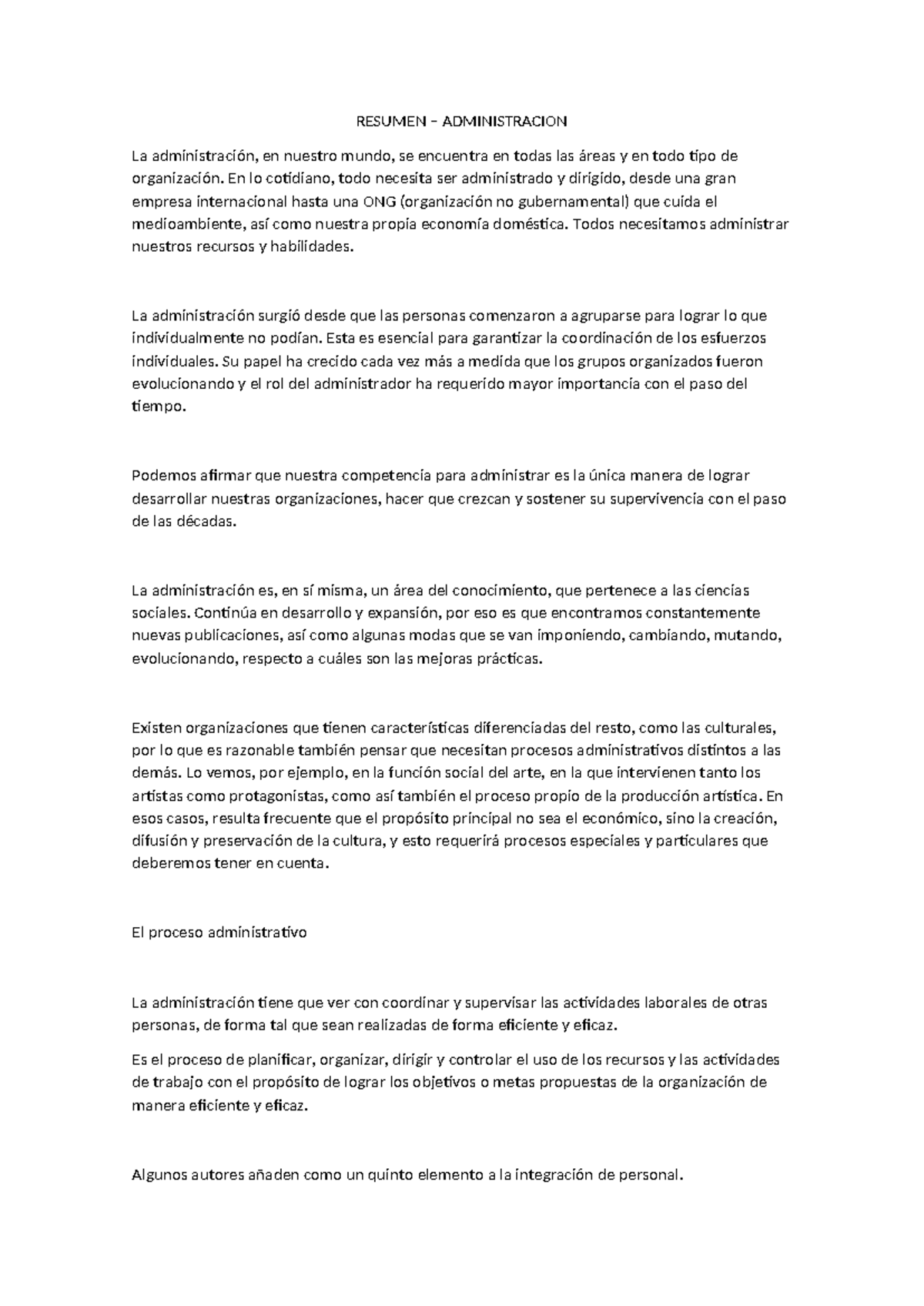 Resumen - administracion - RESUMEN – ADMINISTRACION La administración ...