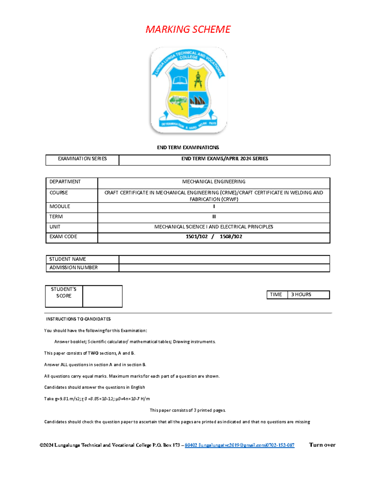 Msc-epl certificate marking scheme - END TERM EXAMINATIONS DEPARTMENT ...