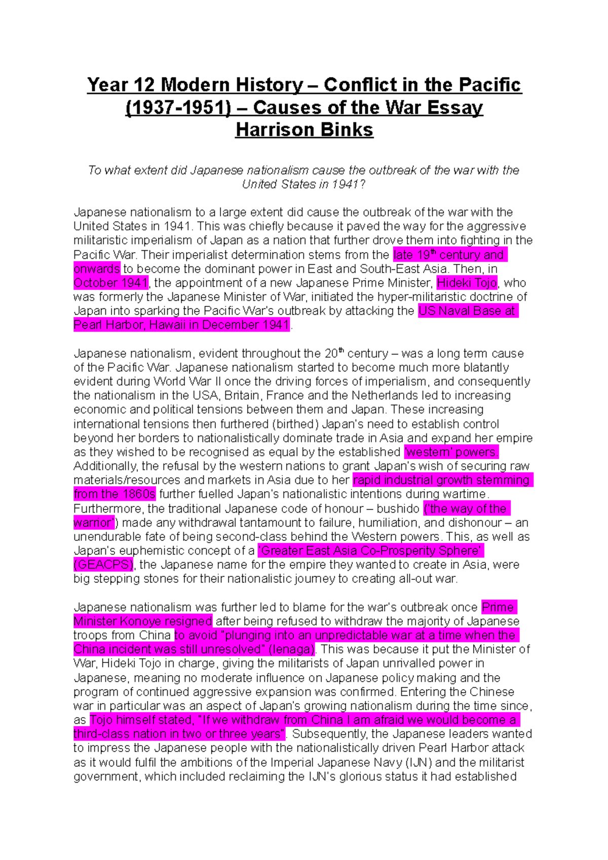 Japanese Nationalism causing the war Essay - Year 12 Modern History ...