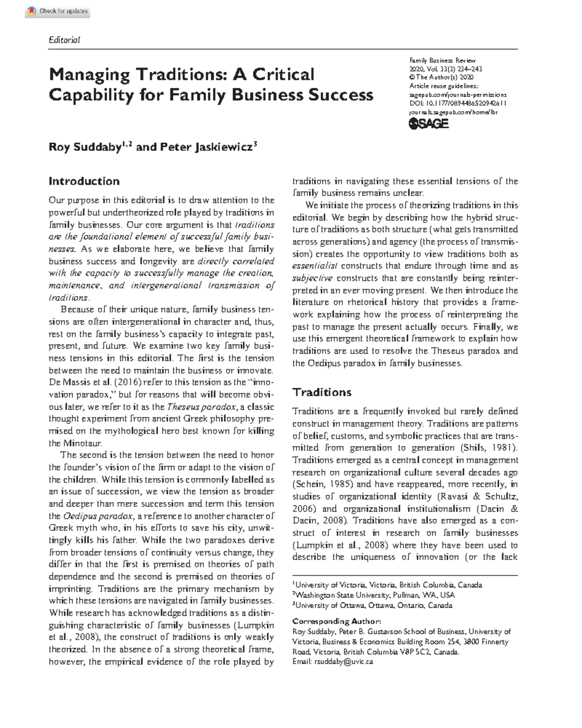 Journal ENT 530 - ENT - doi/10.1177/ Family Business Review 2020, Vol ...
