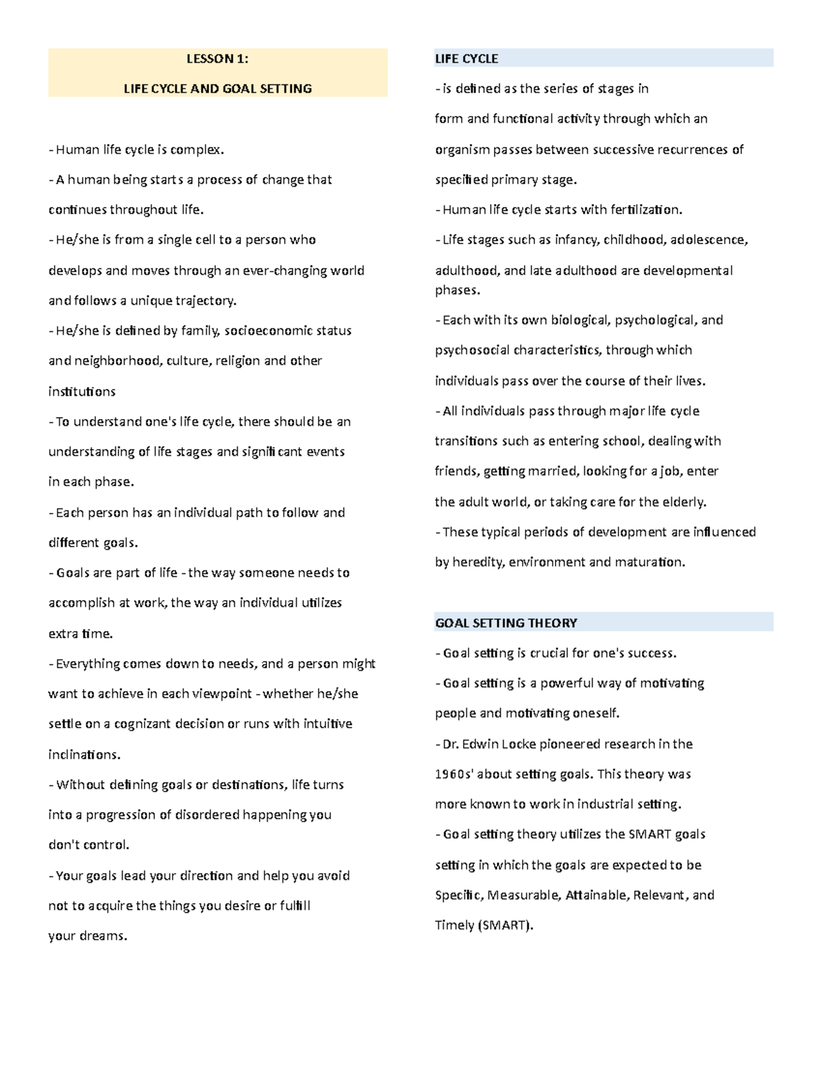 LIFE Cycle AND GOAL Setting - LESSON 1: LIFE CYCLE AND GOAL SETTING ...