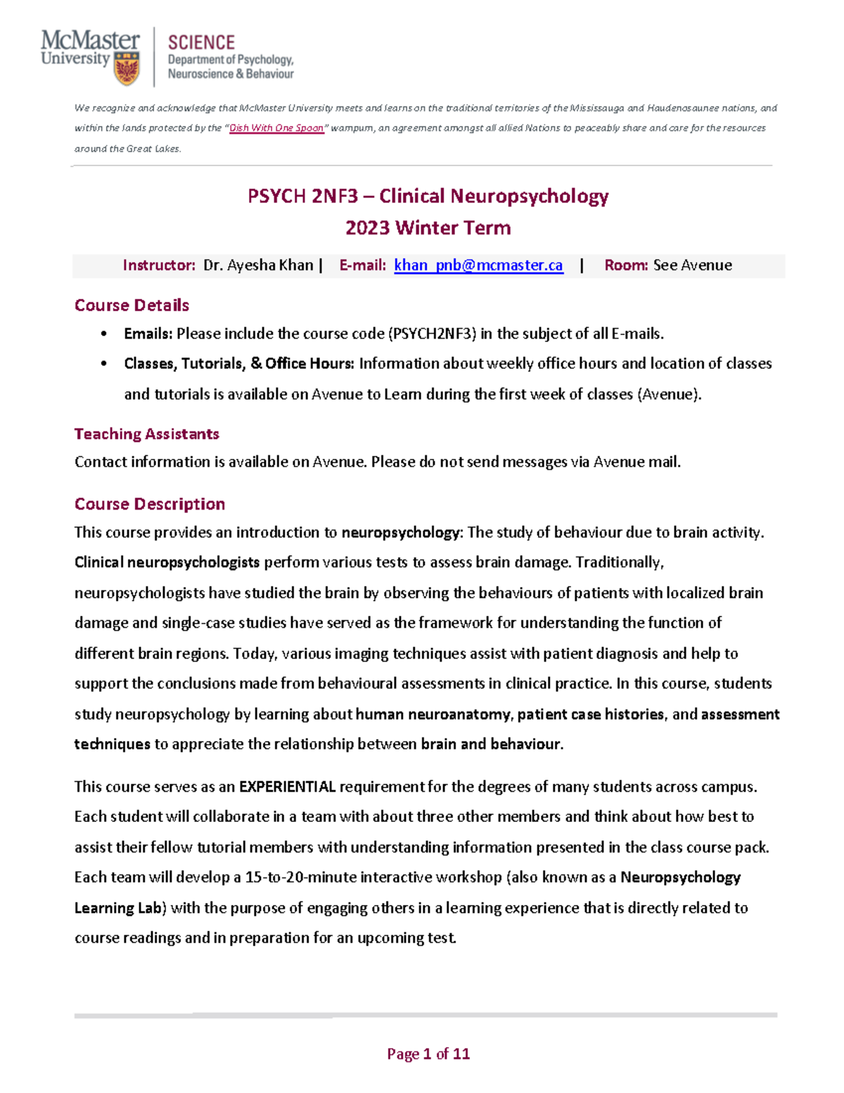 Psych 2NF3 Course Outline 2023 - We recognize and acknowledge that McMaster University meets and ...