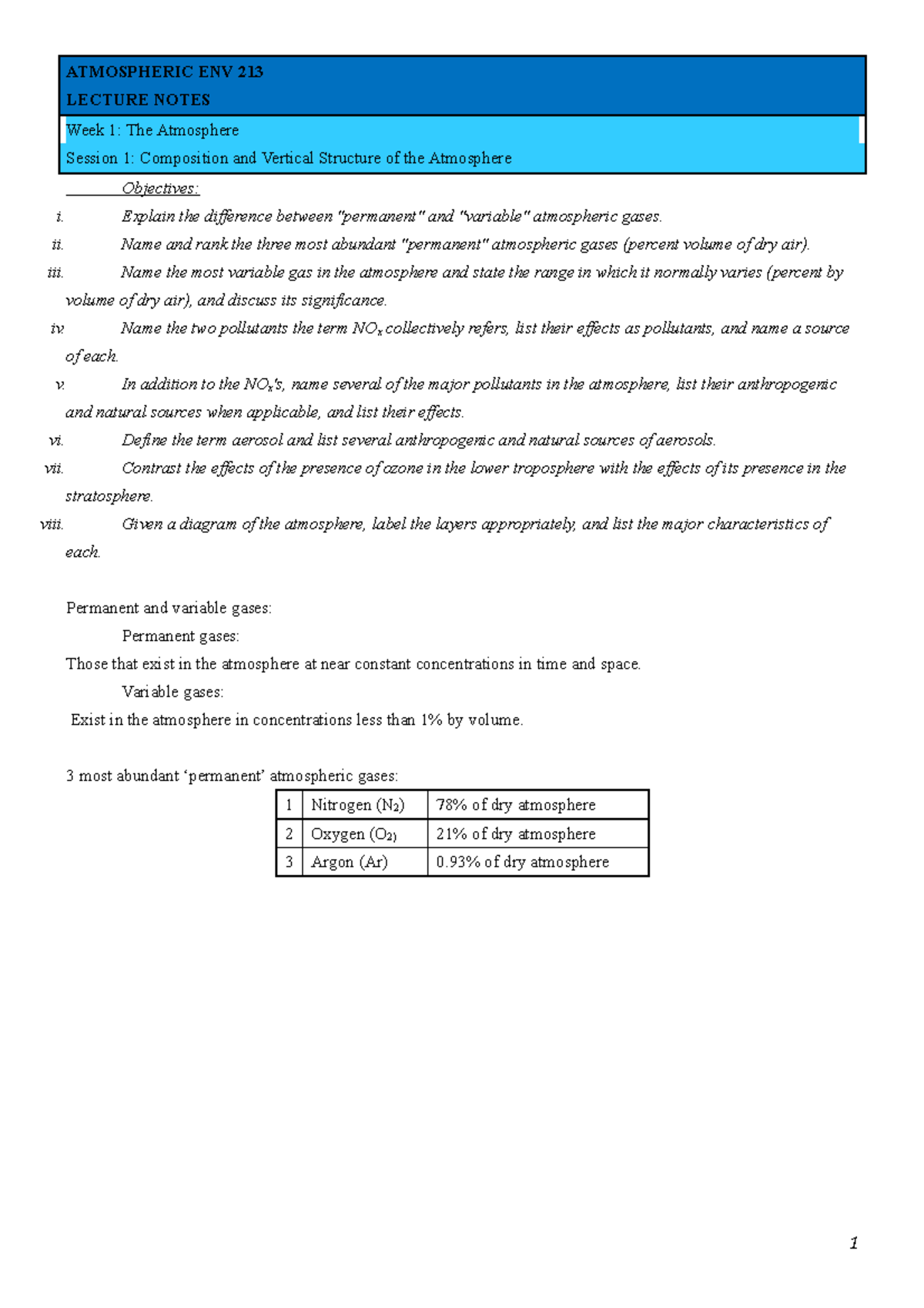 Lecture Notes Lecture All Atmospheric Env 213 Lecture Notes Week 1 The Atmosphere Session 1