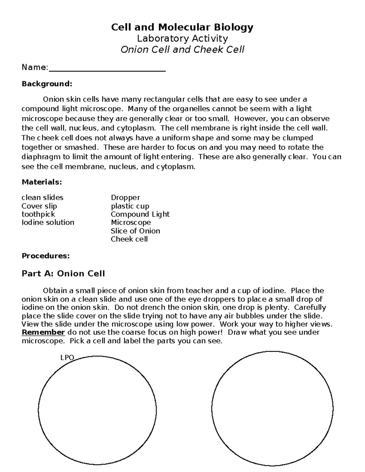 Onion Cell and Cheek Cell Laboratory worksheet - Cell and Molecular ...