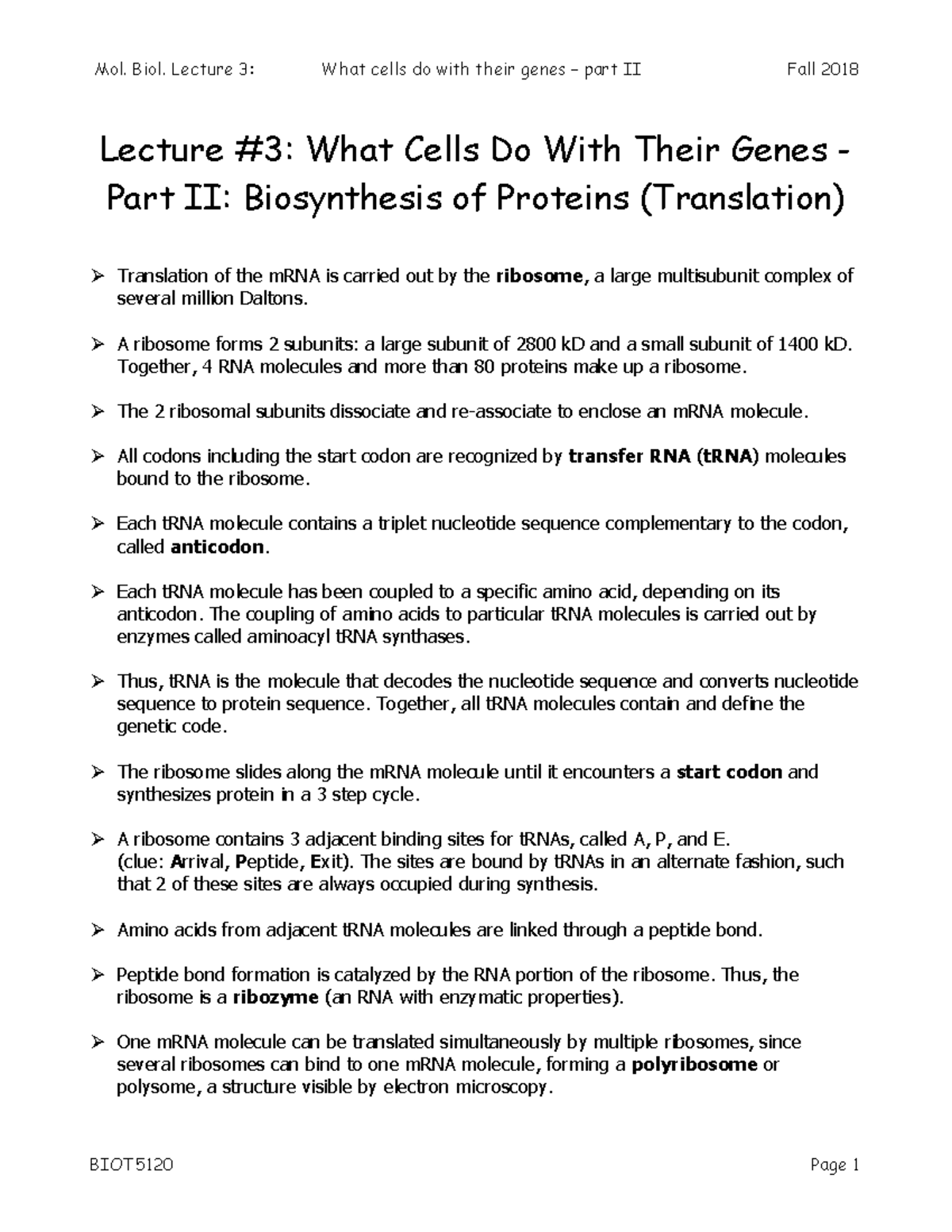 Mol Biol Lecture 3 What Cells Do With Their Genes Part Ii Translation Lecture 3 What
