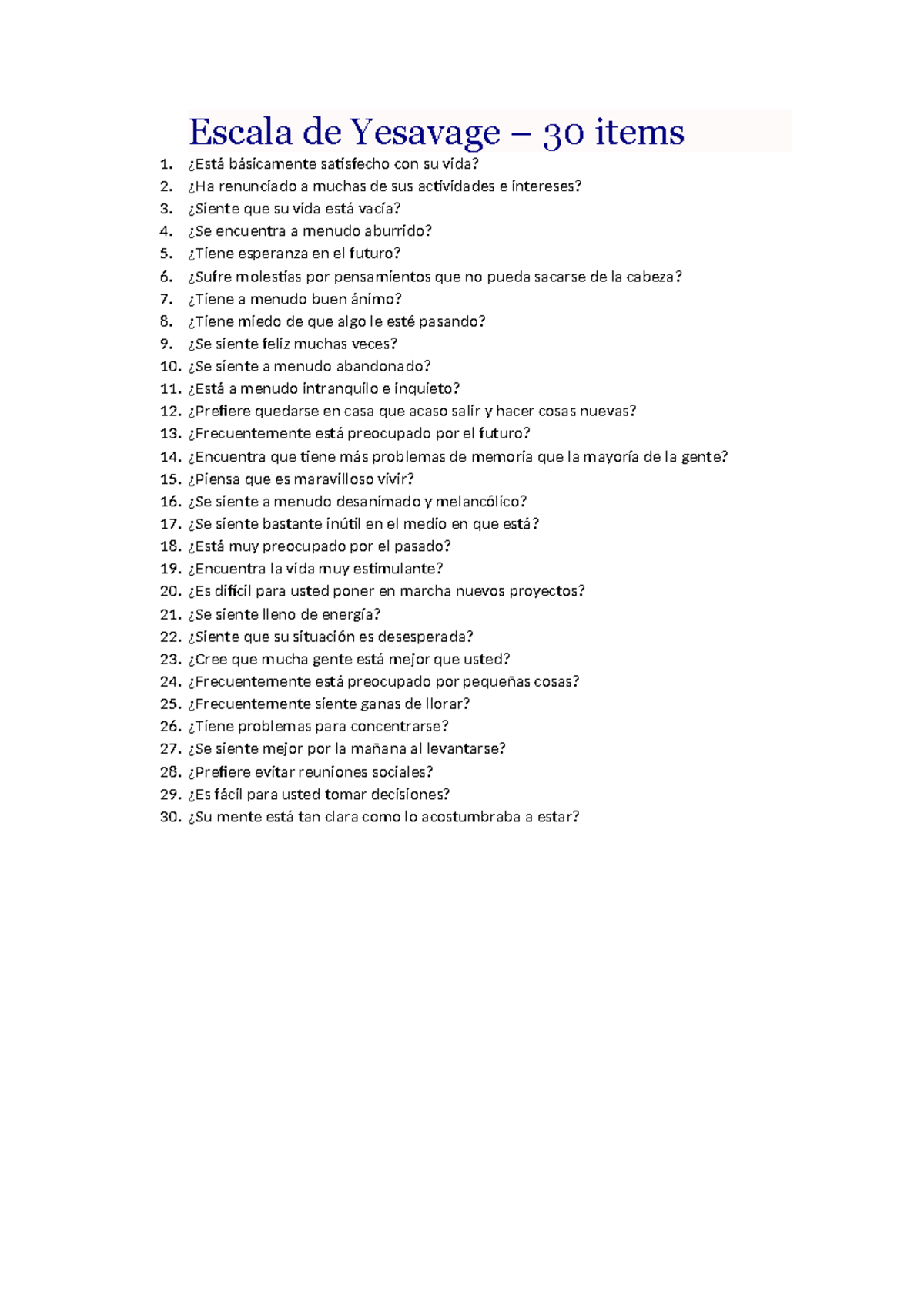 Escala de Yesavage 30 items Cuestionario - Escala de Yesavage – 30 ...