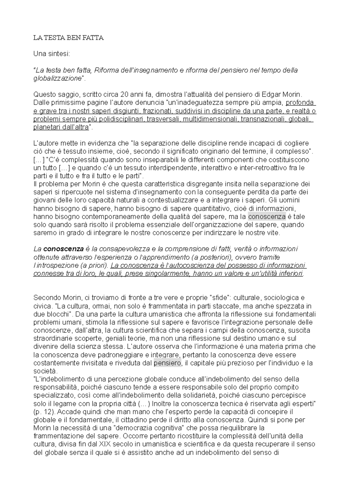 La testa ben fatta - LA TESTA BEN FATTA Una sintesi: “La testa ben ...